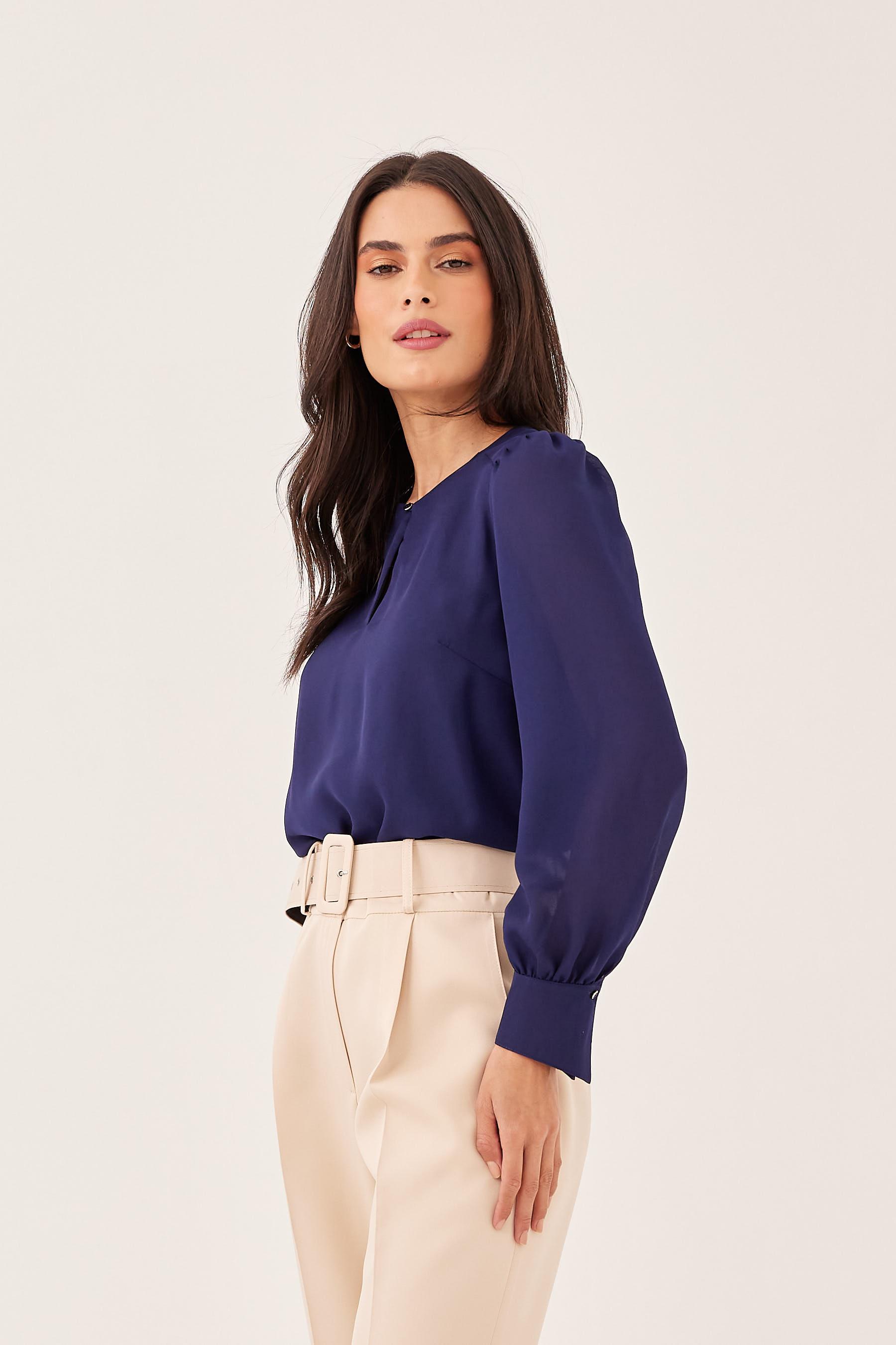 Veria | Blusa Lara Crepe Liso Azul Marinho